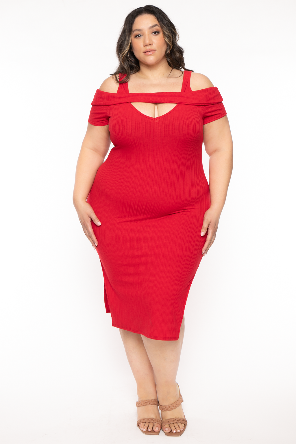 Plus Size Shri Cold Shoulder Midi Dress -Red – Curvy Sense