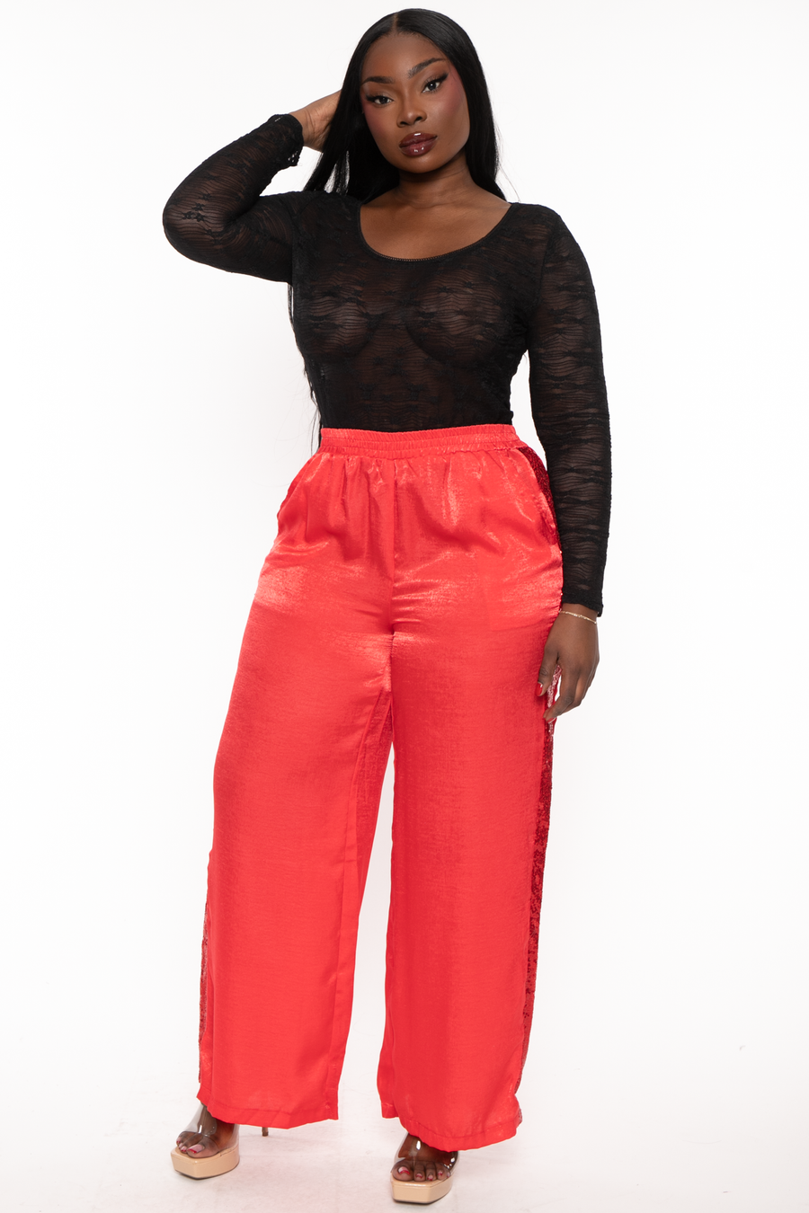 Plus Size Silk Side Sequins Pants- Red – Curvy Sense