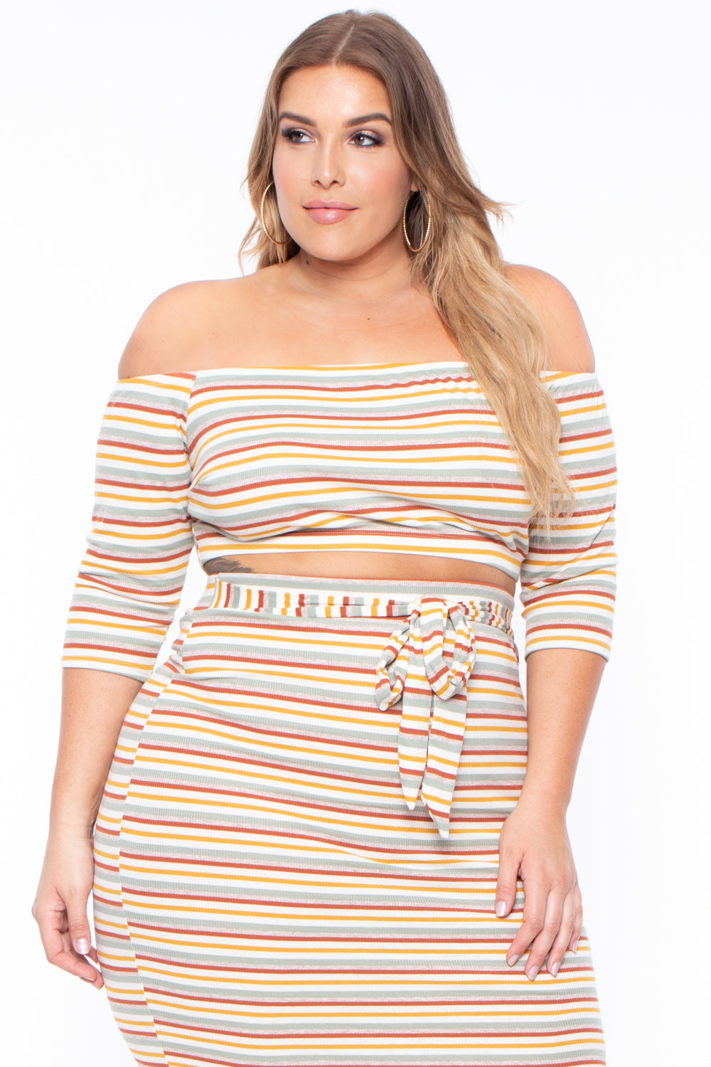 Plus Size Striped Off The Shoulder Matching Set - Cream – Curvy Sense